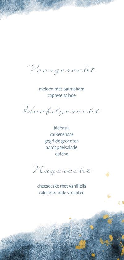 Dinerkaart Blauwe Waterverf Gouden Spetters Kaartje2go