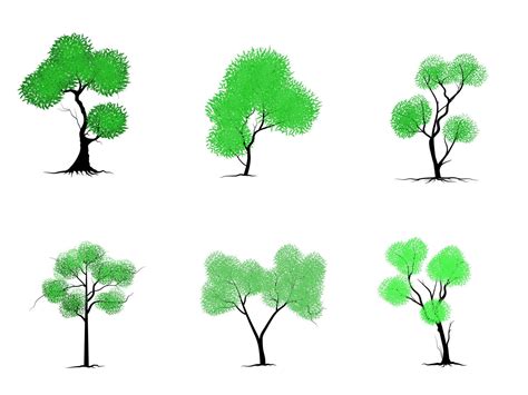 Green Branch Tree Or Naked Trees Silhouettes Set Hand Drawn Isolated