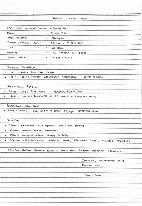 11 Contoh Daftar Riwayat Hidup Tulis Tangan