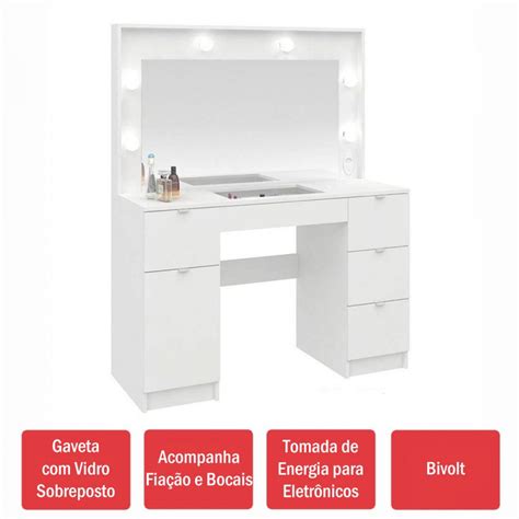 Penteadeira Camarim 5 Gavetas 1 Porta Espelho Branco Fellicci
