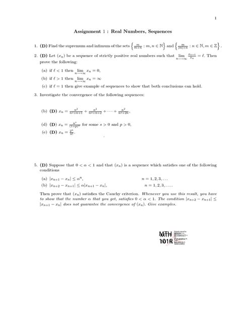 assignment 1 real numbers sequences mth 101r pdf sequence calculus