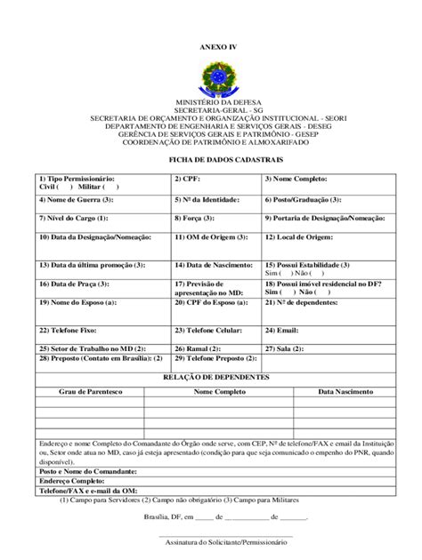 Fillable Online ANEXO IV MINISTRIO DA DEFESA SECRETARIA GERAL Fax Email