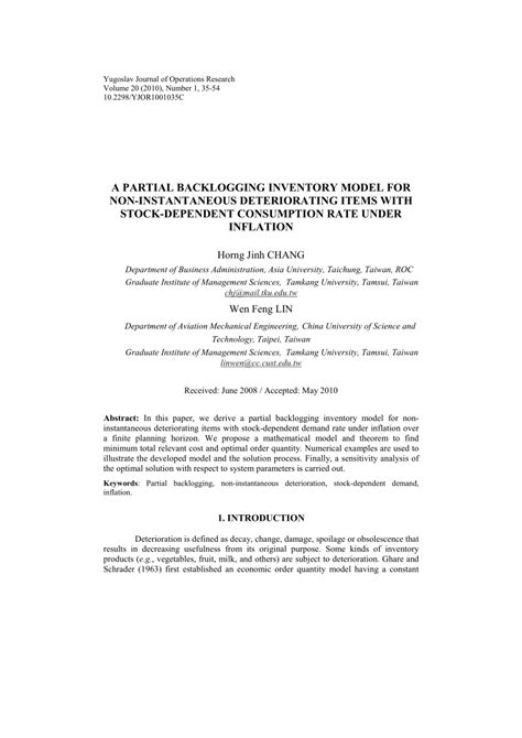 pdf a partial backlogging inventory model for non instantaneous deteriorating items with stock