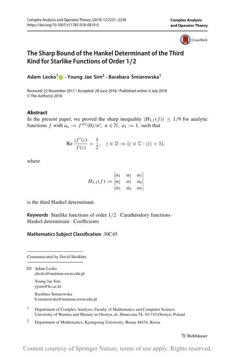 pdf the sharp bound of the hankel determinant of the third kind for starlike functions of