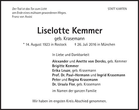 Traueranzeigen Von Liselotte Kemmer SZ Gedenken De
