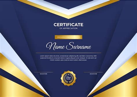 Elegante Plantilla De Certificado De Diploma Azul Y Dorado Con Insignia