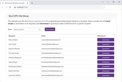 use the word document api to generate and send business letters within a blazor server app