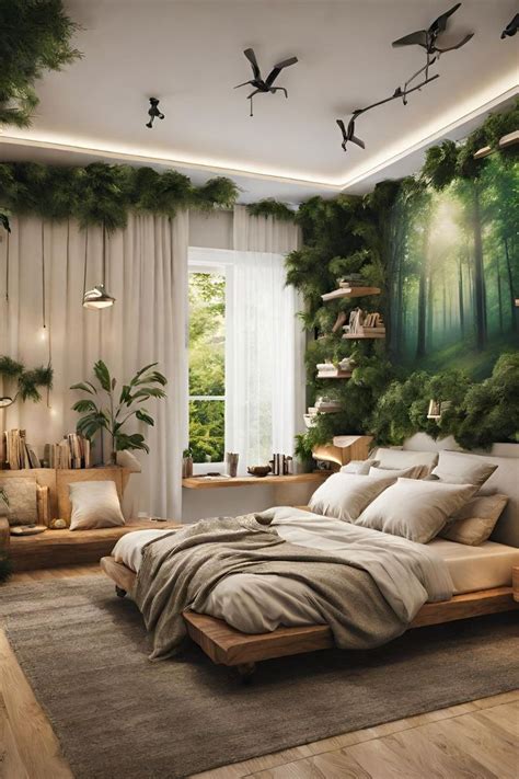 The Bedroom Is Decorated With Greenery And White Bed Linens Along With