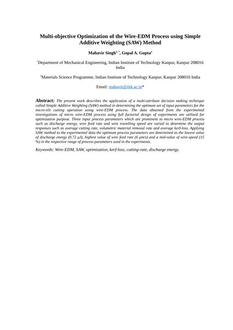 pdf multi objective optimization of the wire edm process using simple additive weighting saw