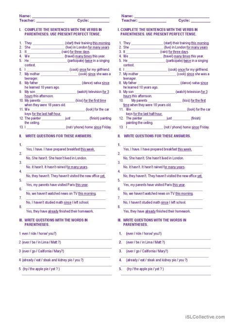 Present Perfect Tense Worksheet Gene Fran Ais Fle Fiches Pedagogiques