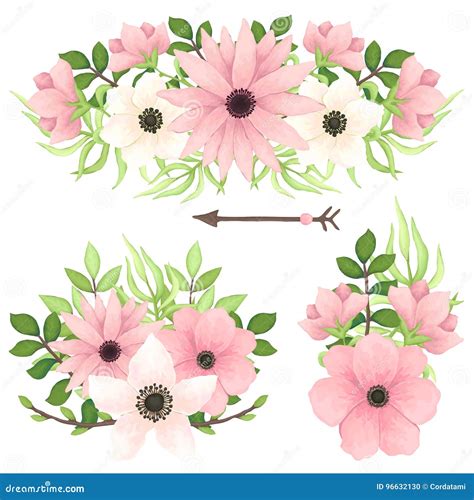 Vector Bouquets Collection With Pink Flowers And Green Leaves Stock