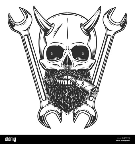 Skull Smoking Cigar Or Cigarette With Mustache With Beard And Horn With