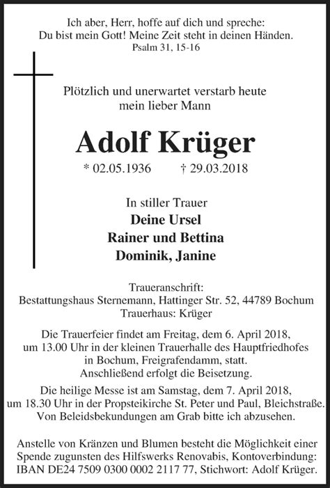 Traueranzeigen von Adolf Krüger Trauer in NRW de