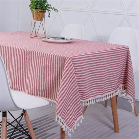 Nappe Rectangulaire Coton Lin Rayé Glands Nappe Lavable Résistant À L