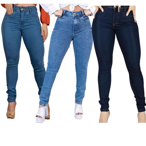 Kit 3 Calças Feminina Cós Alto Até o Umbigo Elastano Cintura Alta