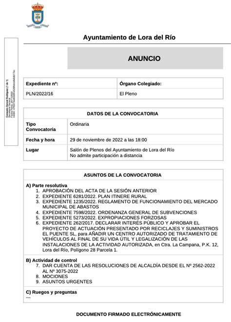 Orden del día de la sesión plenaria ordinaria de la Corporación