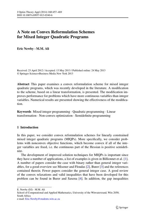 pdf a note on convex reformulation schemes for mixed integer quadratic programs