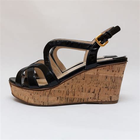Prada Patent Leather And Cork Wedge Sandals