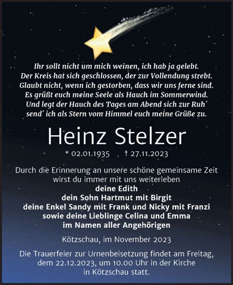 Traueranzeigen Von Heinz Stelzer Abschied Nehmen De