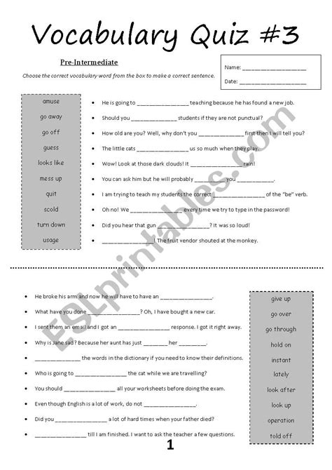 Esl Vocabulary Worksheets Intermediate