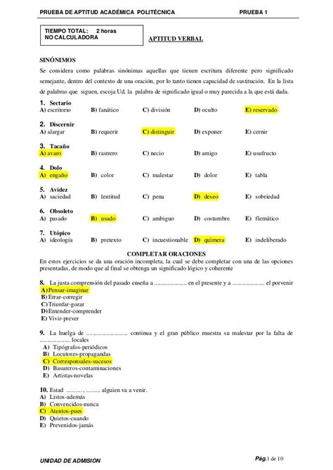 PRUEBA DE APTITUD ACADÉMICA POLITÉCNICA PRUEBA 1 TIEMPO TOTAL 2 hor