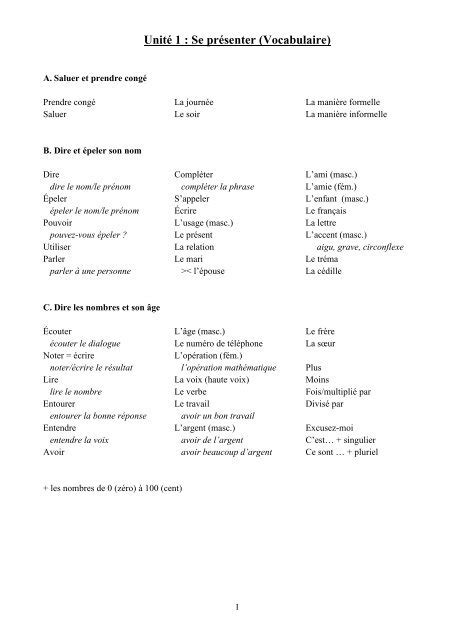Unité 1 Se présenter Vocabulaire