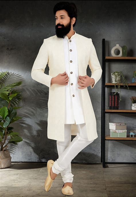 Buy Chikankari Georgette Jacket Style Sherwani In Cream Online MDW668