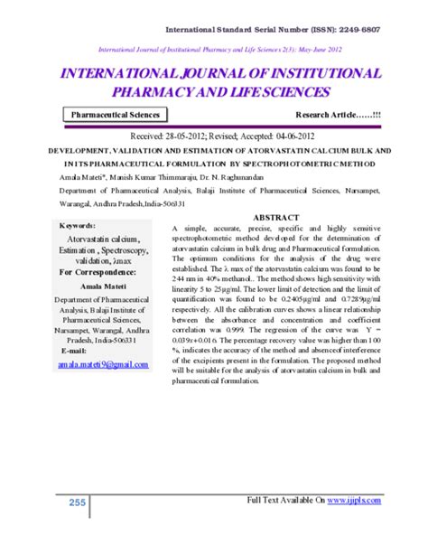 pdf development validation and estimation of atorvastatin calcium bulk and in its
