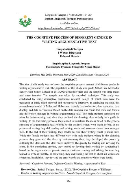 pdf the cognitive process of different gender in writing argumentative text