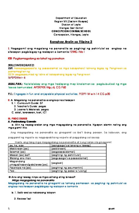 FILIPINO Nagagamit Ang Magalang Na Pananalita Sa Paghingi Ng Pahintulot