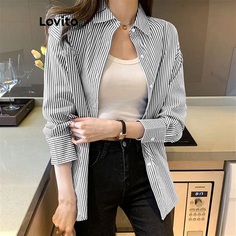Lovito Casual Blusa Feminina Listrada de Manga Comprida Botão