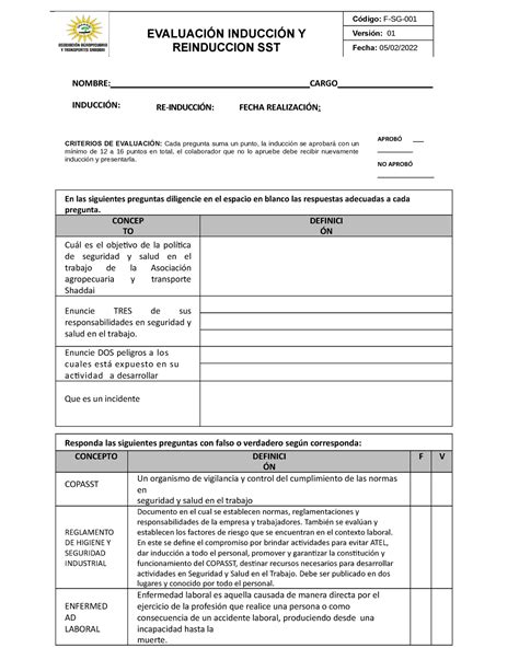 Anexo Evaluacion de Induccion SST copia EVALUACIÓN INDUCCIÓN Y