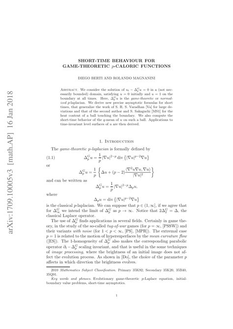 pdf short time behaviour for game theoretic p caloric functions