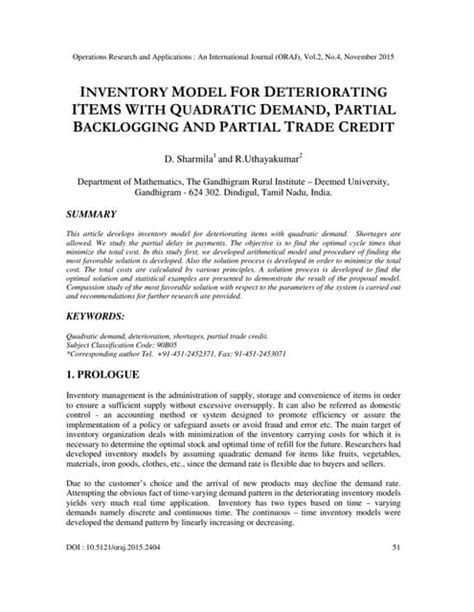 inventory model for deteriorating items with quadratic demand partial backlogging and partial