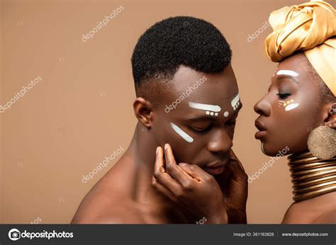 Naked Tribal Afro Couple Posing Isolated Beige Stock Photo