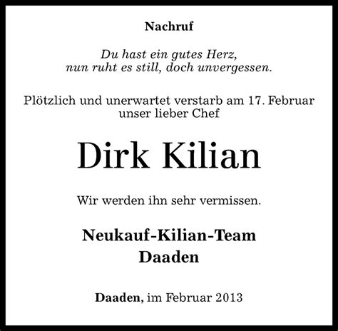 Traueranzeigen Von Dirk Kilian Rz Trauer De