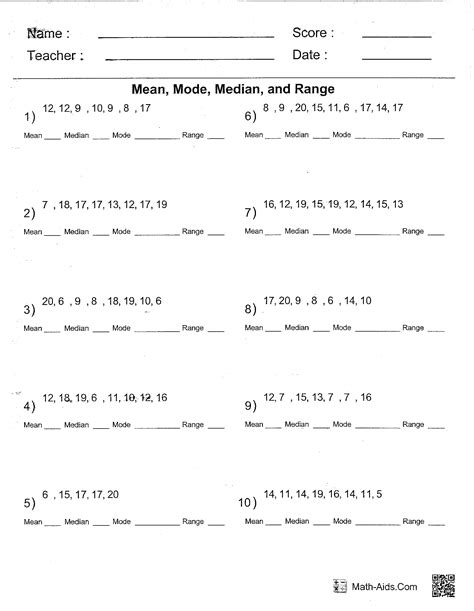 mean mode and median worksheet
