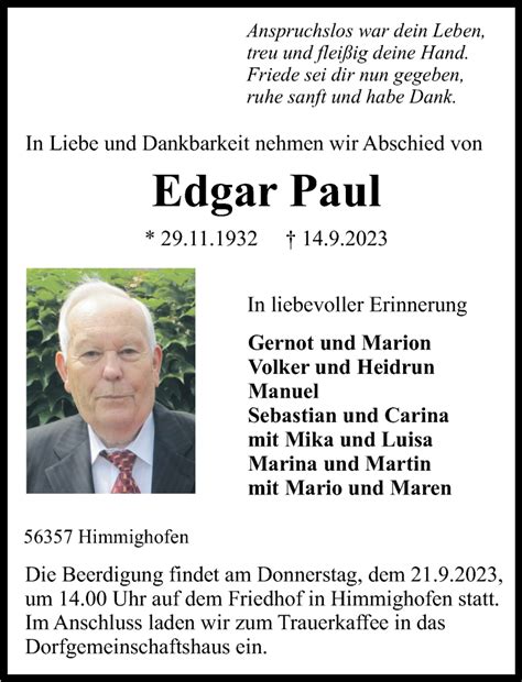 Traueranzeigen Von Edgar Paul Rz Trauer De