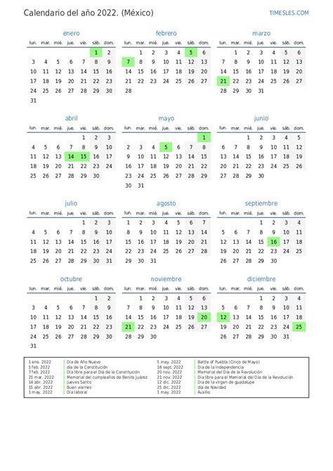 Calendario 2022 con días festivos en Mexico Imprimir y descargar