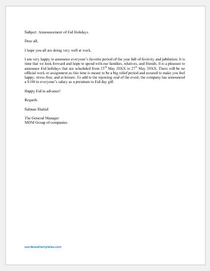 Eid Holiday Announcement Email To Employees Word Excel Templates