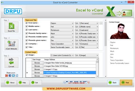 screenshots of drpu excel to vcard converter to convert excel contacts into vcard