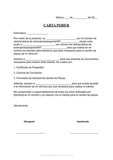 ᐅ Carta Poder para Cambio de Placas Formato 2024