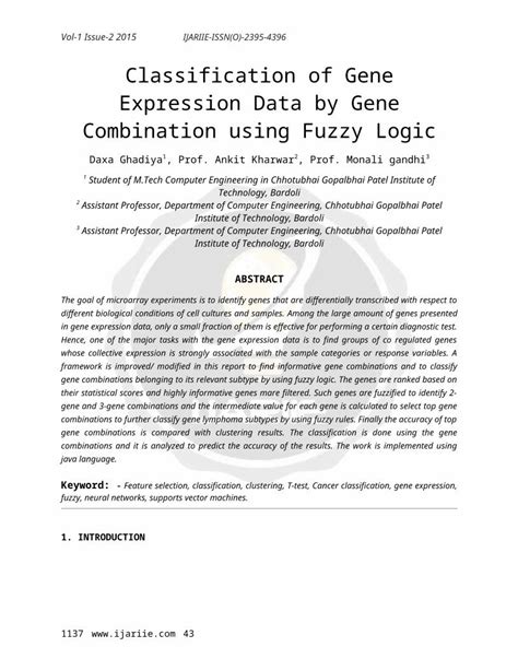 doc classification of gene expression data by gene combination using fuzzy logic dokumen tips