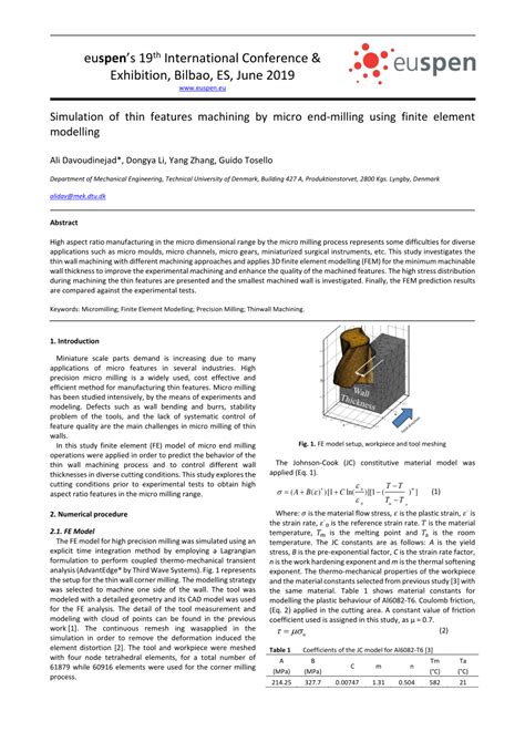 pdf simulation of thin features machining by micro end milling using finite element modelling