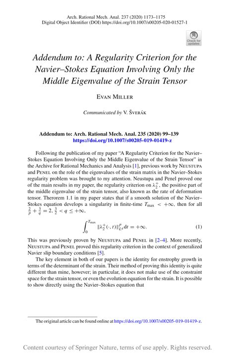 addendum to a regularity criterion for the navier stokes equation involving only the middle
