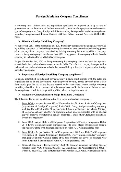 Foreign Subsidiary Company Compliances Every Foreign Subsidiary
