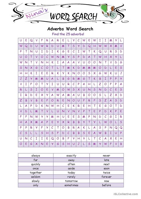 Adverbs Word Search Word Search Fran Ais Fle Fiches Pedagogiques Pdf Doc