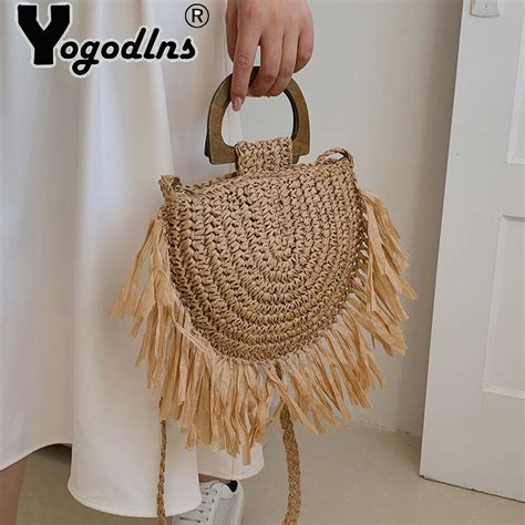 Yogodlns Summer Fringe Decor Top Handle Straw Crossbody Bag Large