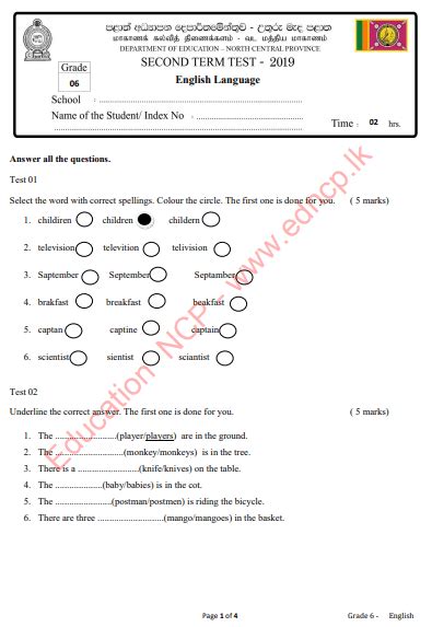 Grade 06 English Language 2nd Term Test Paper 2019 North Central Province