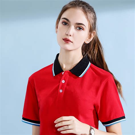 有翻领短袖T恤女运动工装夏季工作服定制LOGO带领子的撞色POLO衫 迪麦丝旗舰店